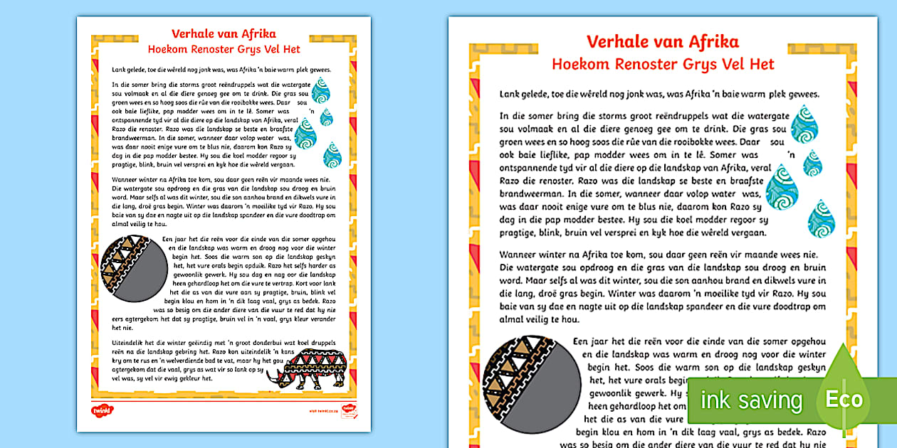Hoekom Renoster 'n Grys Vel Het Storie (teacher made)