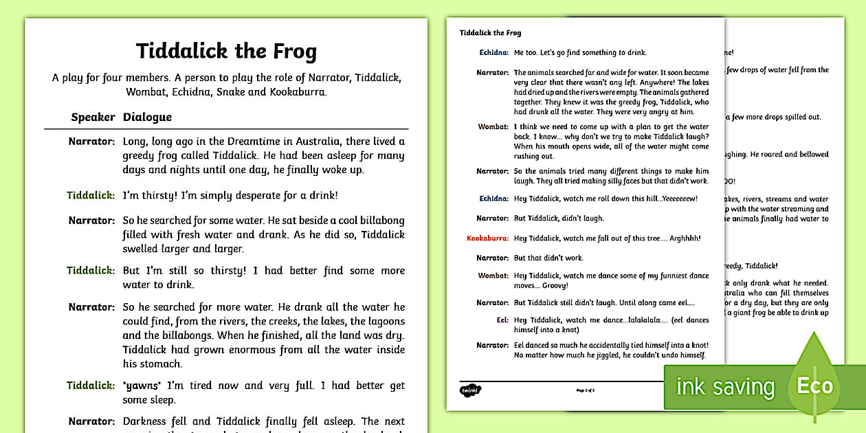 Tiddalik the Frog Play Script (teacher made) - Twinkl