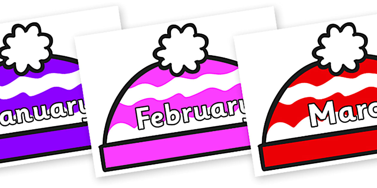 Months of the Year on Woolly Hats (Multicolour) - Twinkl