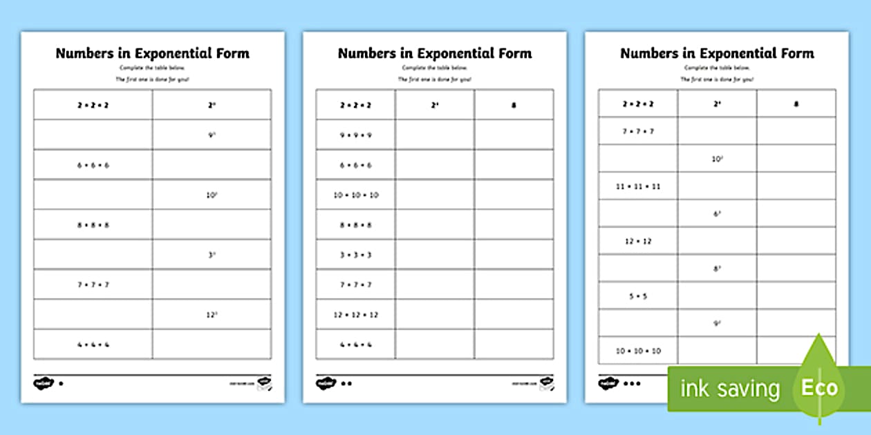 Numbers in Exponential Form Differentiated Worksheets
