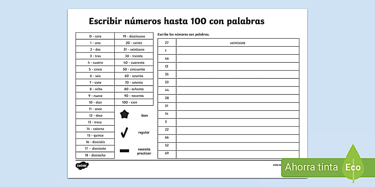 Ficha de actividad: Escribir números hasta 100 con palabras