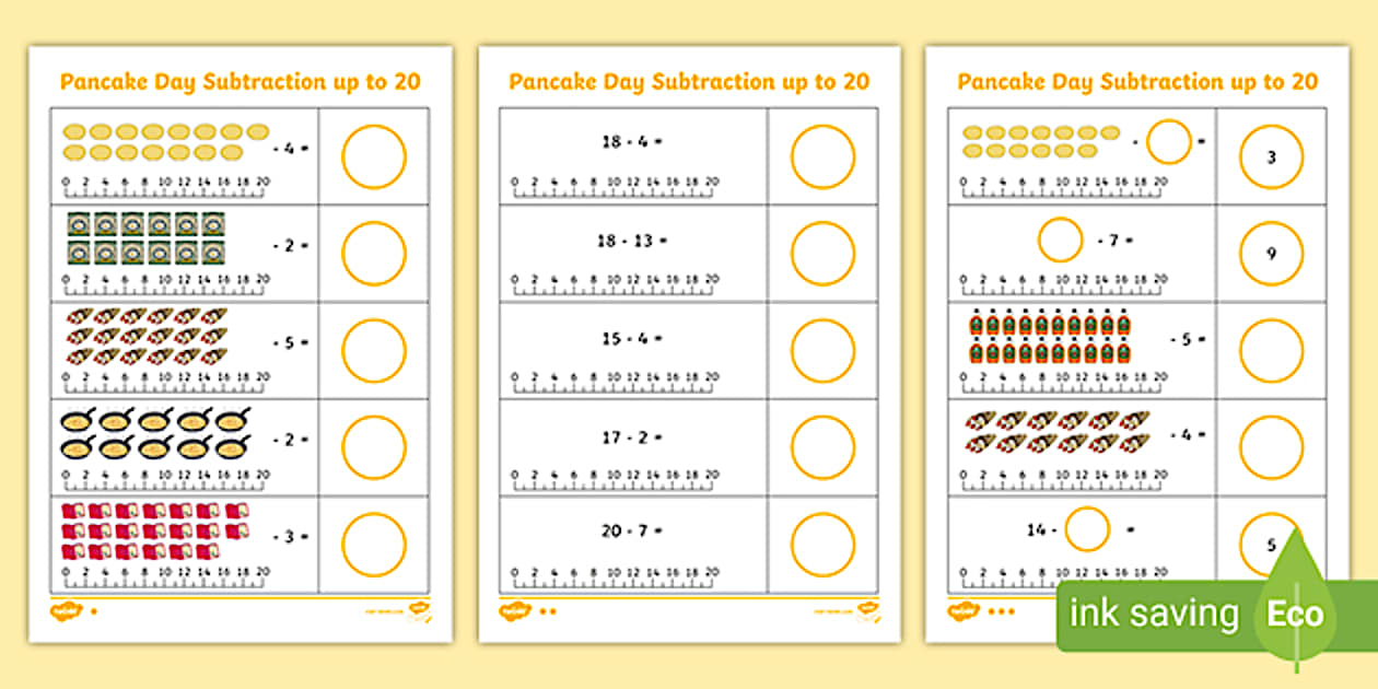 Pancake Day-Themed Subtraction to 20 Worksheets - Twinkl
