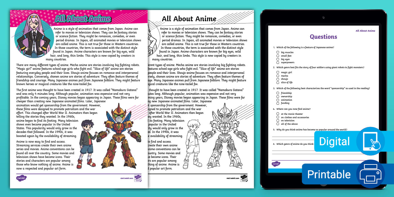 Fourth Grade All About Anime Reading Comprehension Worksheet