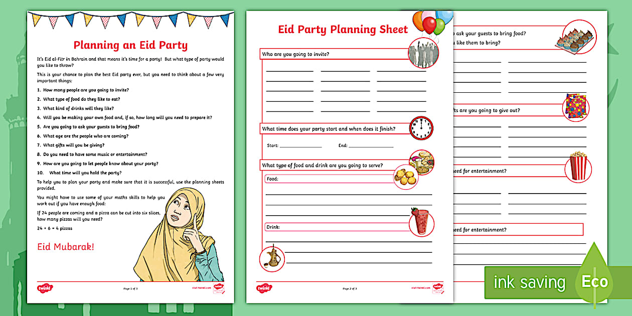 Eid Party Planning Worksheet / Worksheet - Twinkl