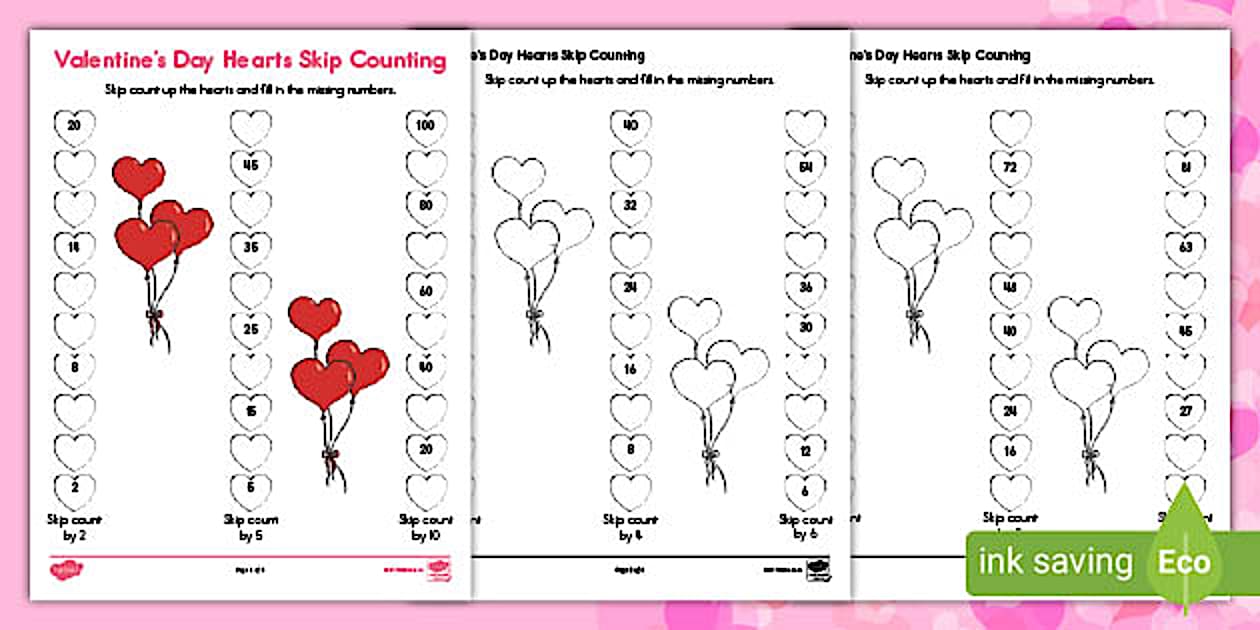 Valentine's Day Hearts Skip Counting Worksheet for K-2nd Grade