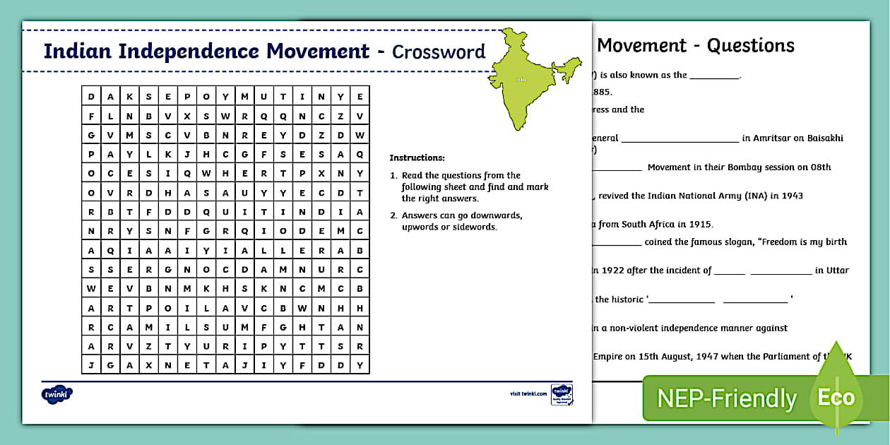 Indian Independence Day crossword puzzle - Twinkl