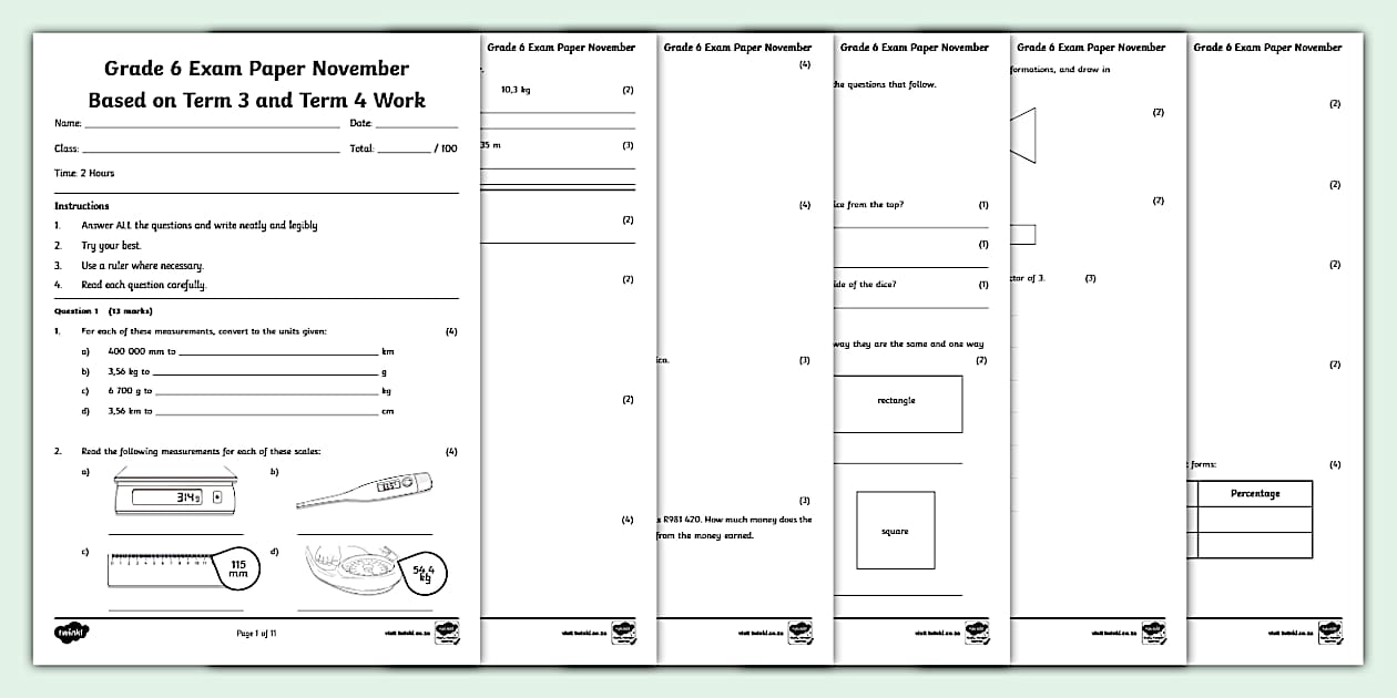 Grade 6 Maths -Term 4 - Exam Paper November (CAPS Aligned)