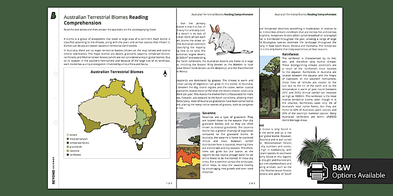 Australian Terrestrial Biomes Reading Comprehension - Beyond