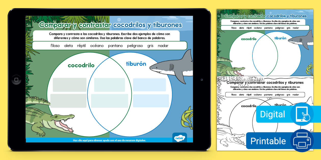 Actividad de escritura: Comparar y contrastar cocodrilos y tiburones