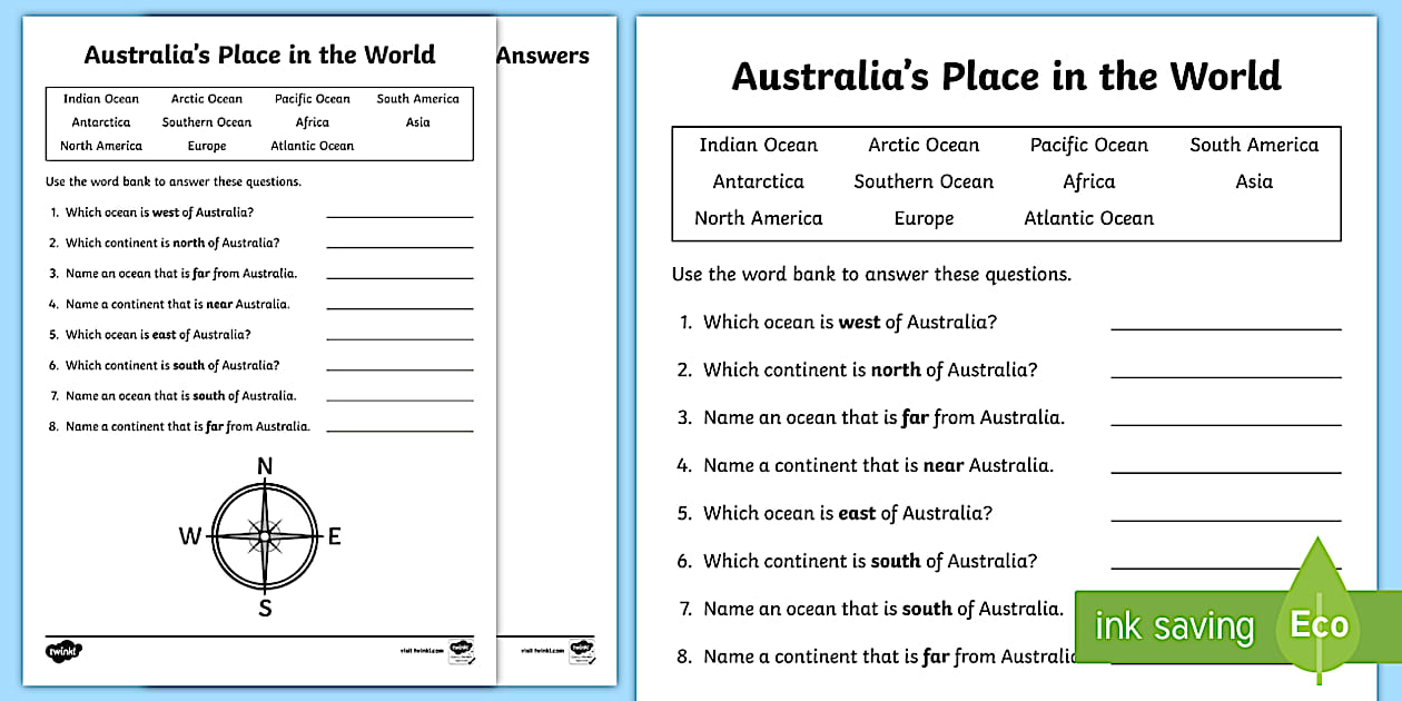 SA Australia's Place in the World Worksheet (teacher made)