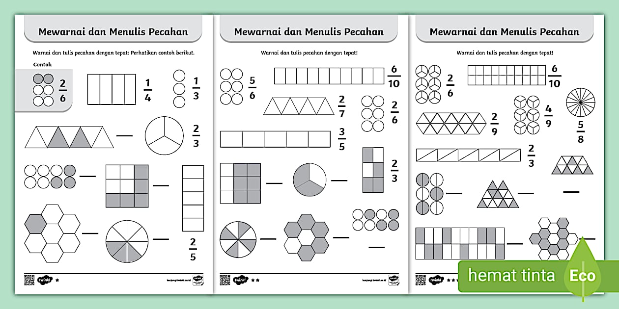 Worksheet Mewarnai dan Menulis Bilangan Pecahan - Twinkl