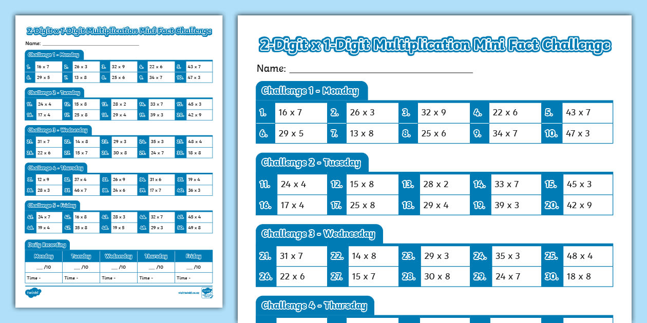 2-Digit x 1-Digit Multiplication Mini Fact Challenge
