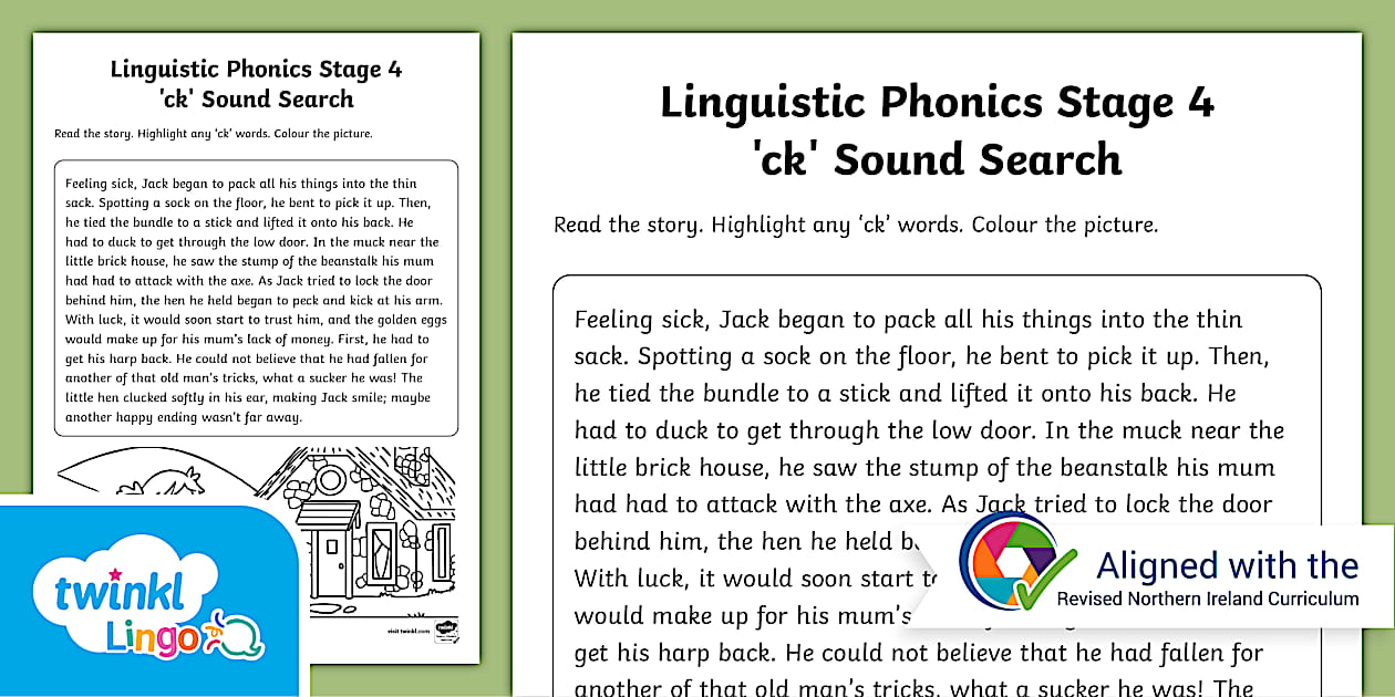 Linguistic Phonics Stage 4 'ck' Story Search Activity Sheet