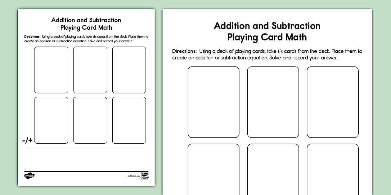 Addition and Subtraction Playing Card Math Mat K-2nd Grade