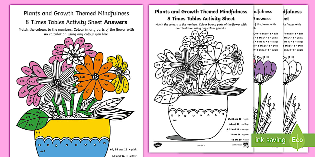 Plants and Growth Themed Mindfulness 8 Times Tables Colouring Pages