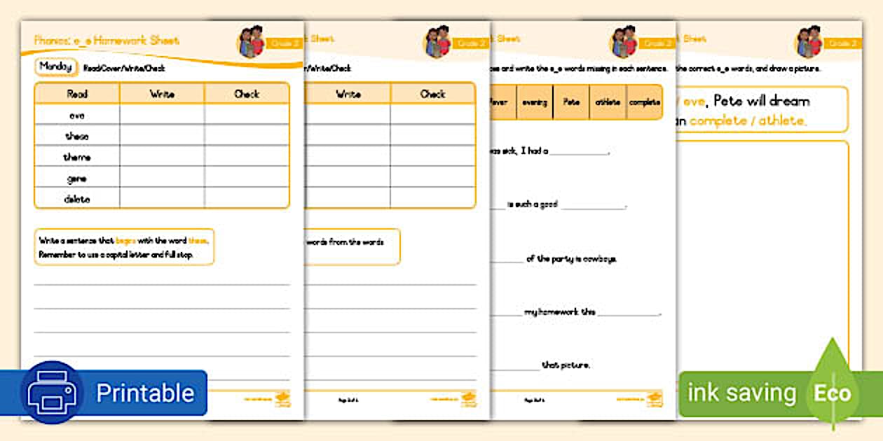 Grade 2 Phonics: e_e Homework Sheet (teacher made) - Twinkl