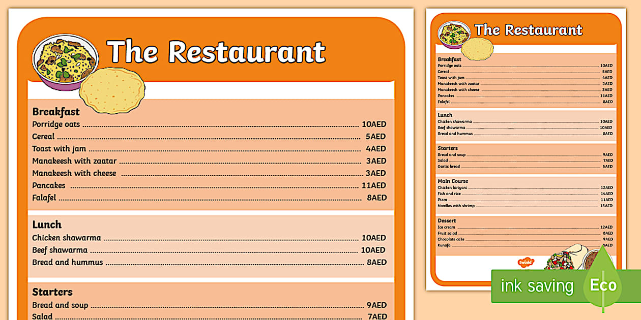 Restaurant Role-Play Menu (teacher made) - Twinkl