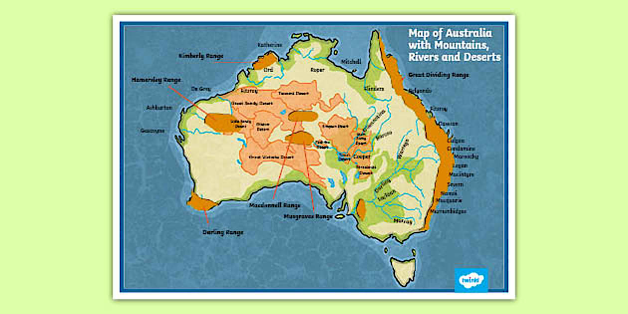 Map of Australia with Mountains, Rivers and Deserts - Twinkl