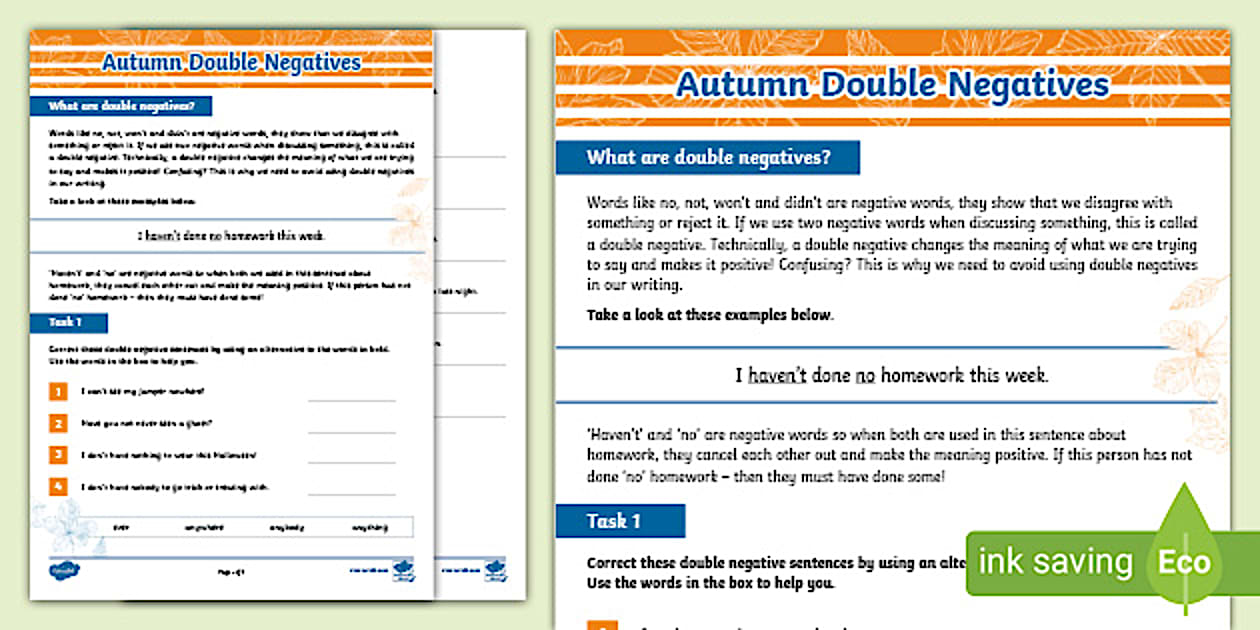 Double Negatives Activity Sheets Autumn (teacher made)