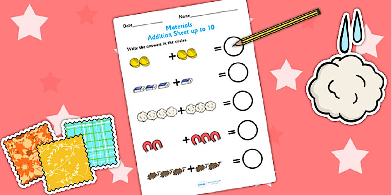 Materials Addition to 10 Worksheet (teacher made) - Twinkl