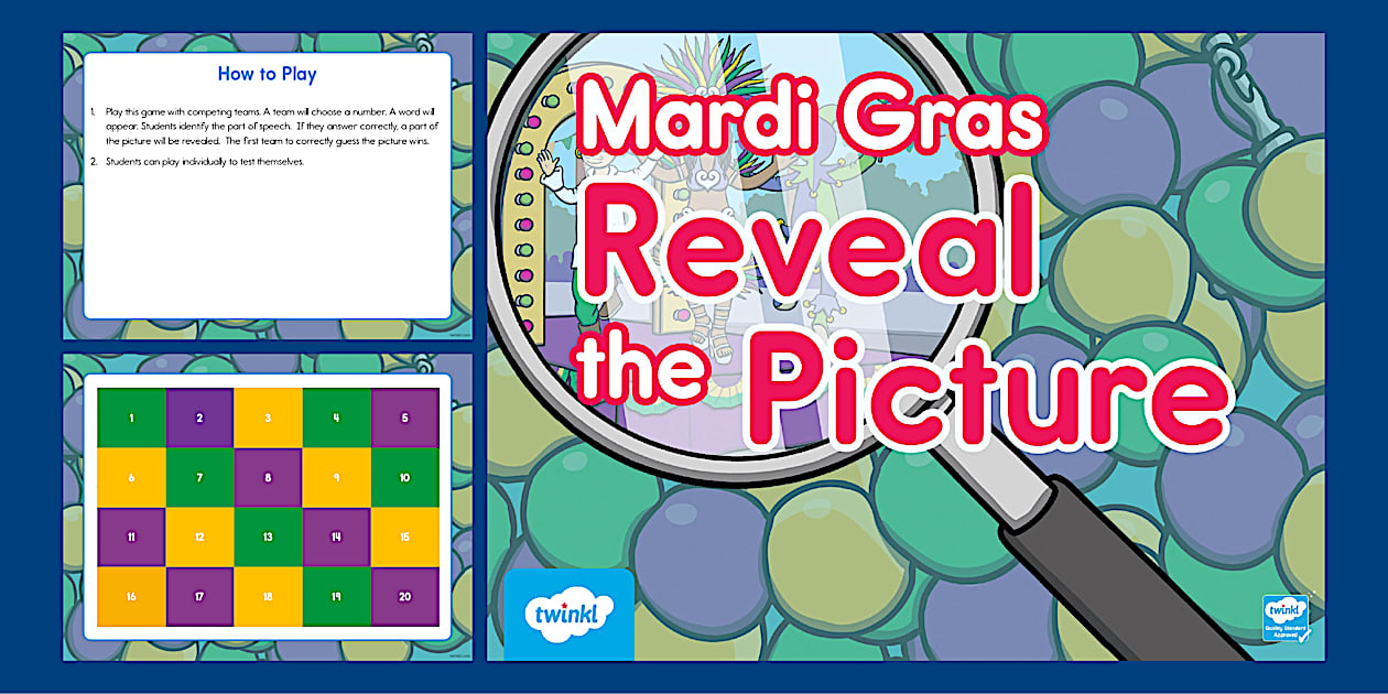 Second Grade Mardi Gras Parts of Speech Reveal the Picture PowerPoint