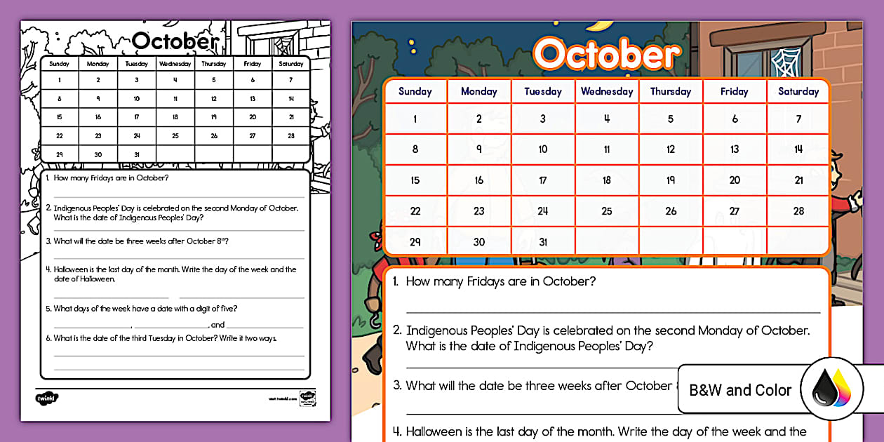 October Reading a Calendar Activity Worksheet for K-2nd Grade