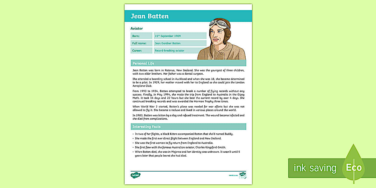 Jean Batten Fact File (Hecho por educadores) - Twinkl