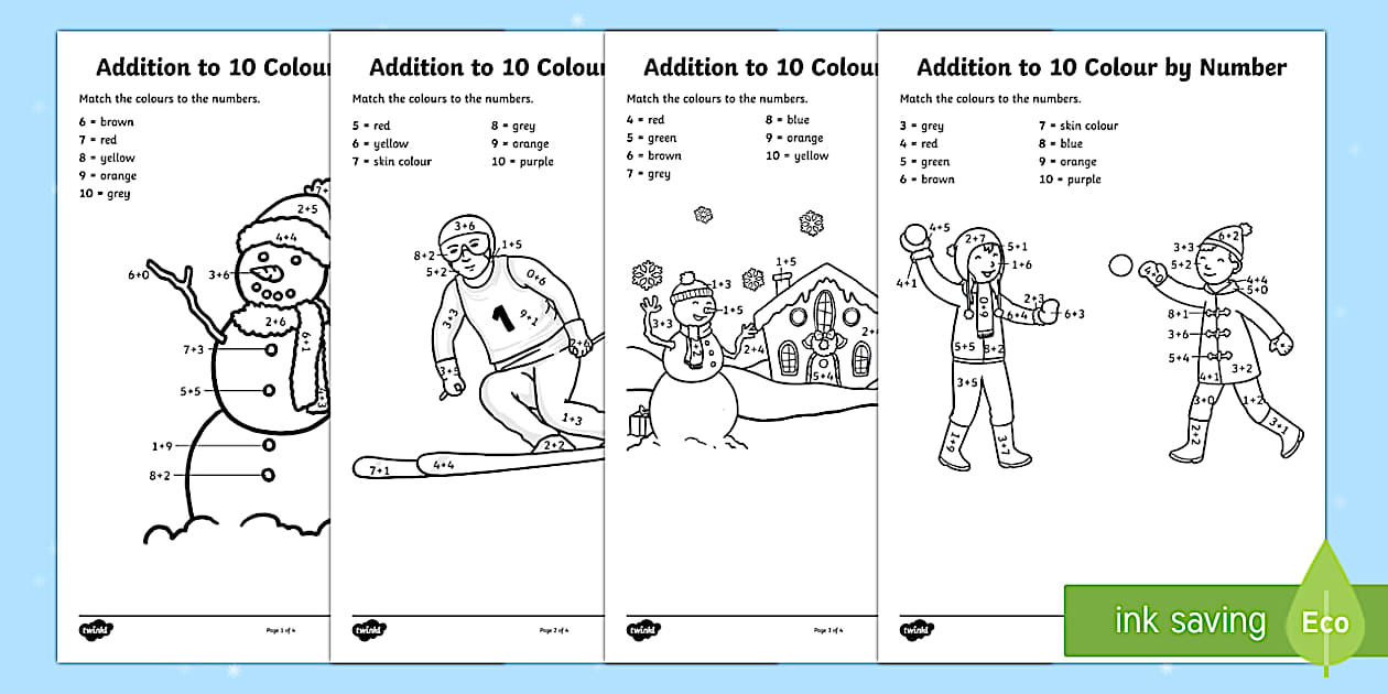 Winter Colouring Pages - Addition to 10 Colour by Number