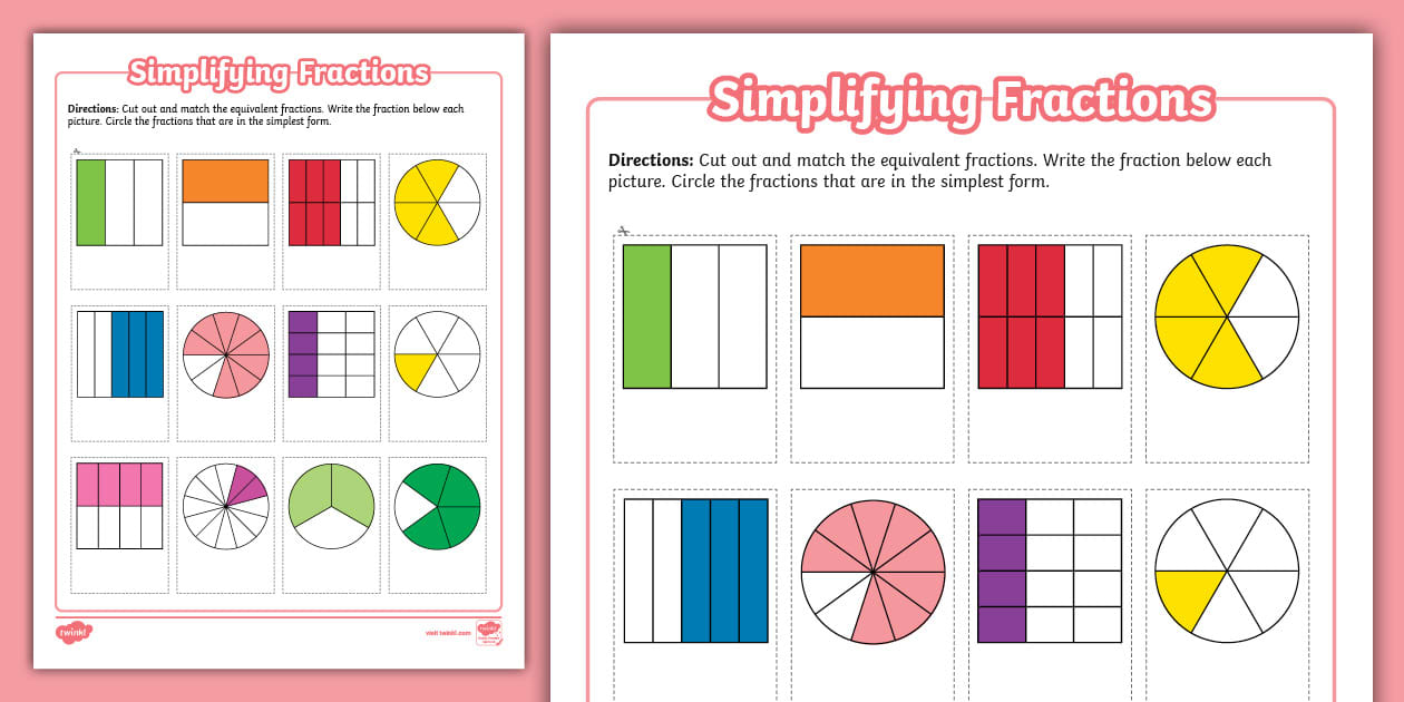 Simplifying Fractions Matching Worksheet for 3rd-5th Grade