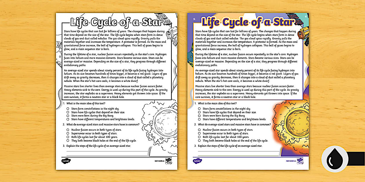 Life Cycle of a Star Reading Passage Comprehension Activity