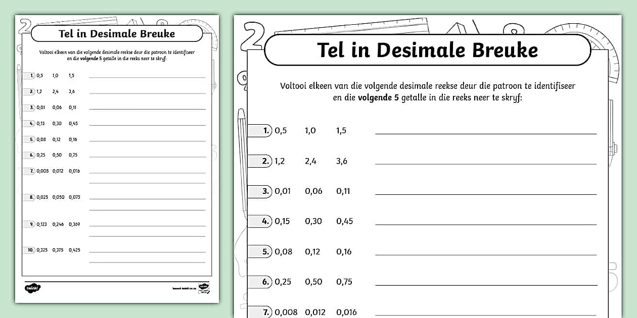 Graad 7: Tel in Desimale Breuke - Aktiwiteitsblad - Twinkl
