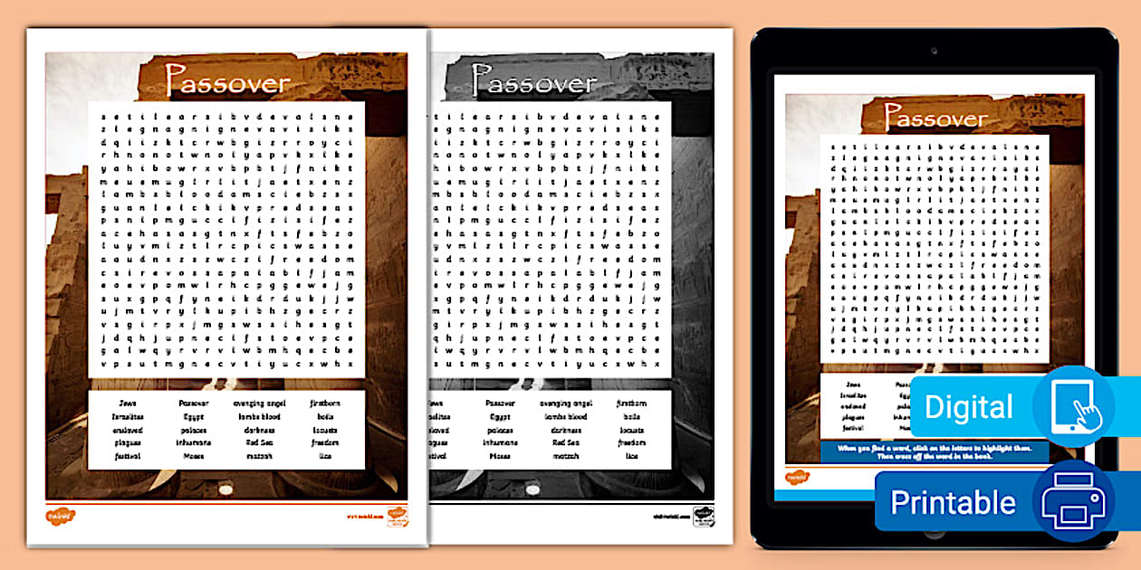 Eighth Grade Passover Word Search Activity Worksheet