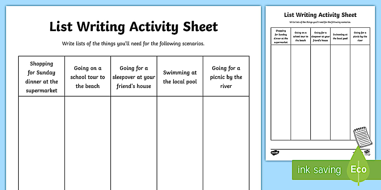 List Writing Worksheet / Worksheet - Twinkl