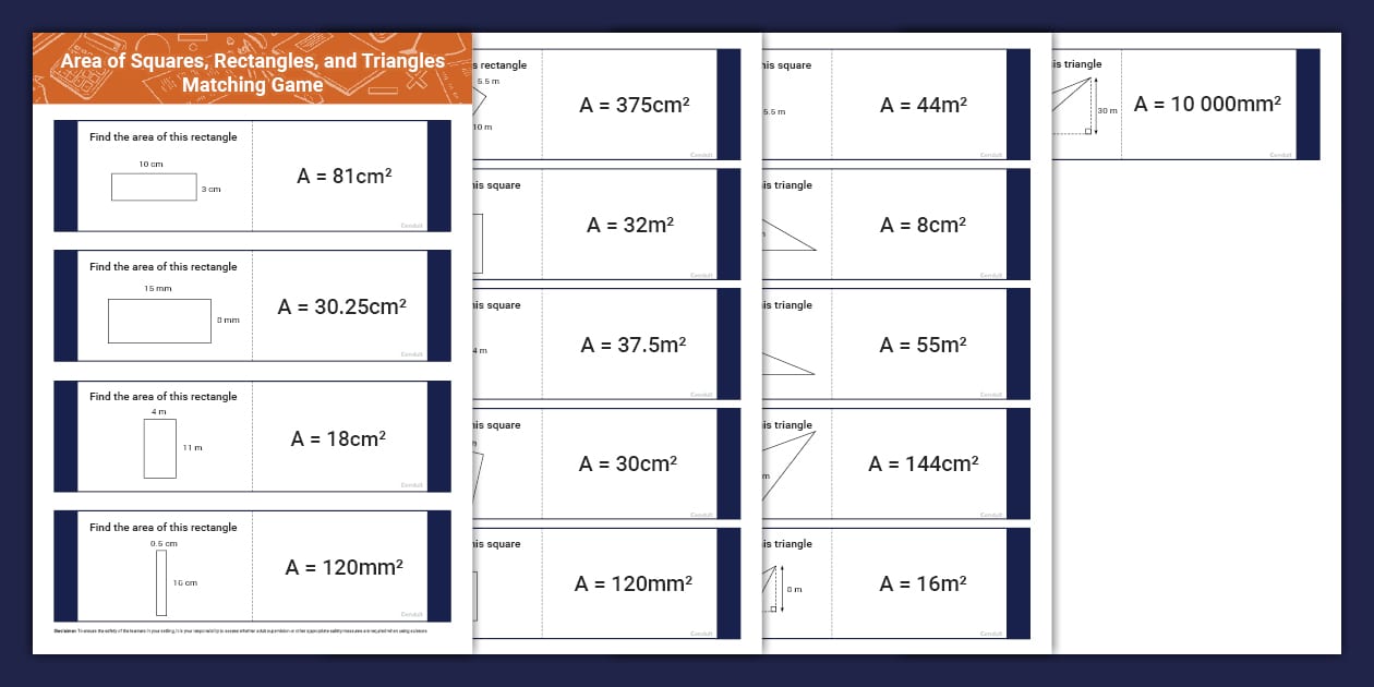 Area of Squares, Rectangles, and Triangles Matching Game