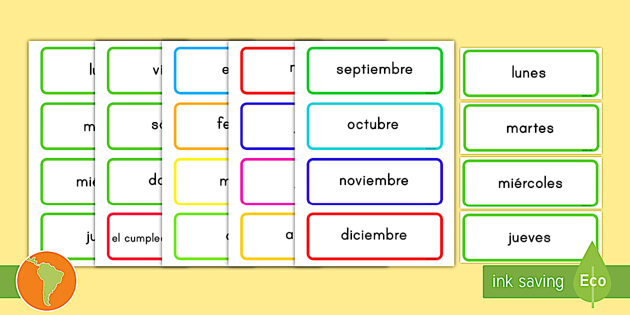 Tarjetas de vocabulario Días de la semana y meses del año