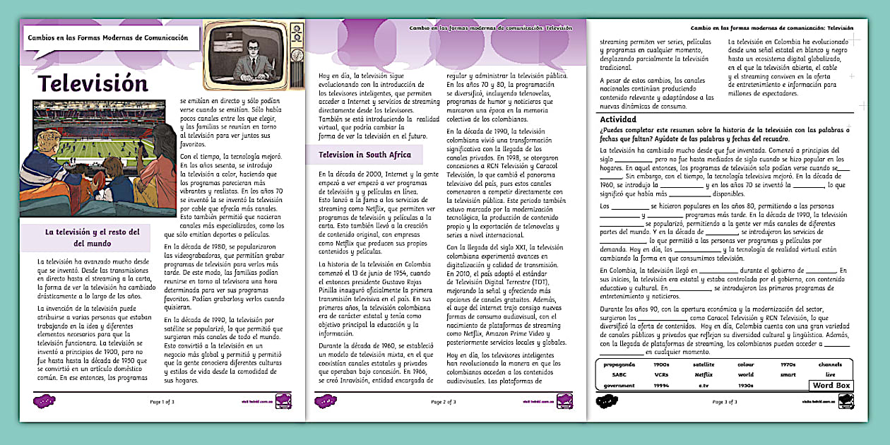 Guía de lectura - Cambios en la televisión - Twinkl Colombia