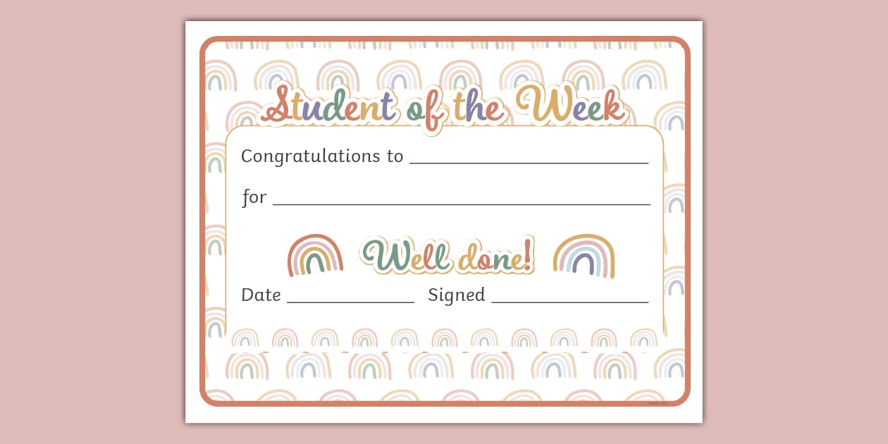 Muted Rainbow Themed Student of the Week Certificate