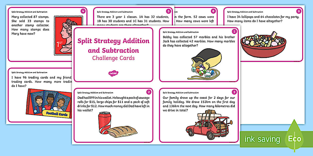 Editable Split Strategy Subtraction and Addition Challenge Cards