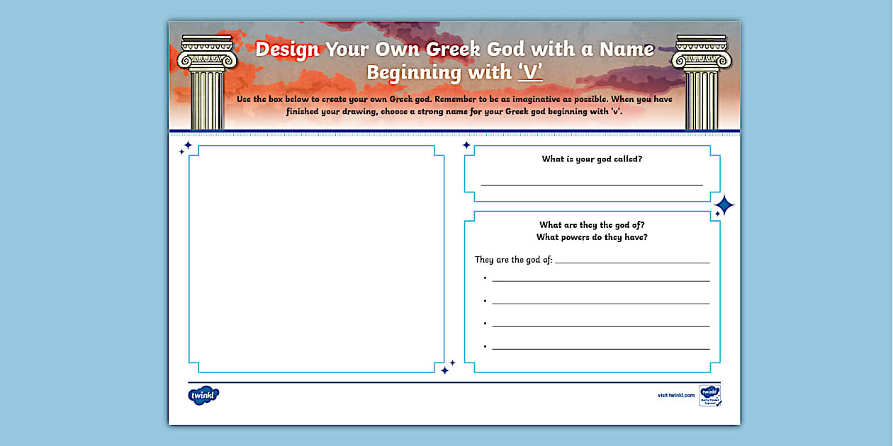 Design a Greek God Beginning with V Worksheet - Twinkl