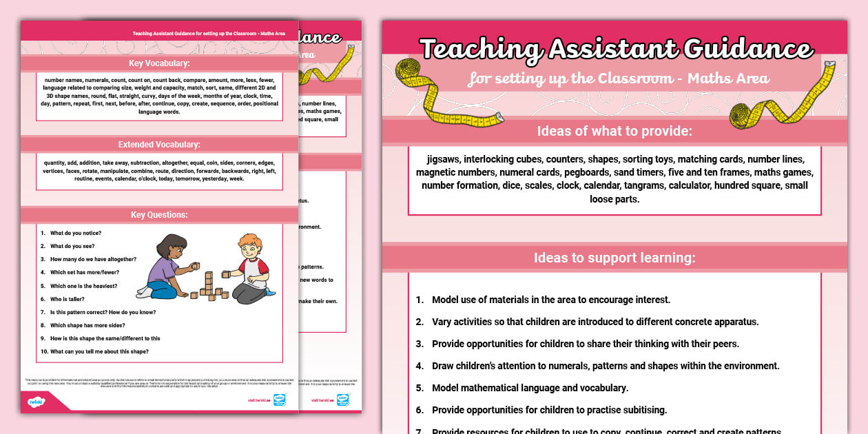 Teaching Assistant Guidance for setting up the Classroom - Maths Area
