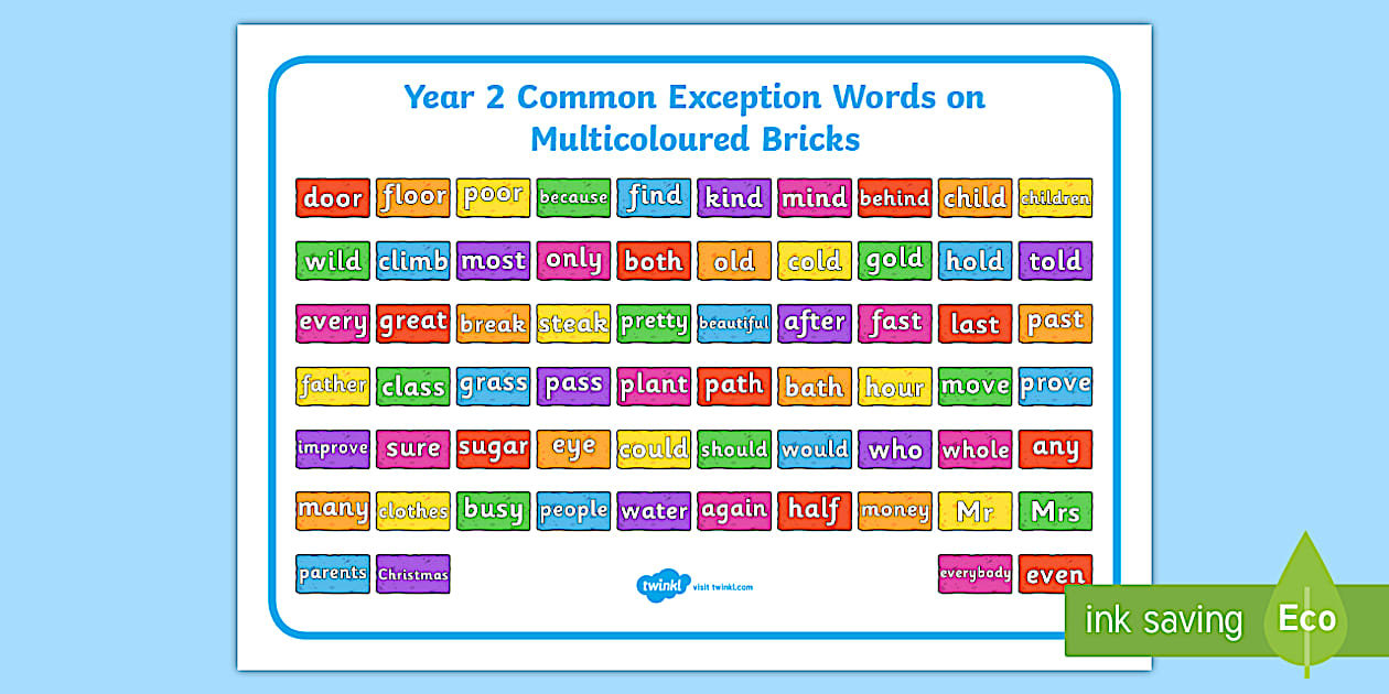 Editable Year 2 Common Exception Words on Multicoloured Bricks Word Mat