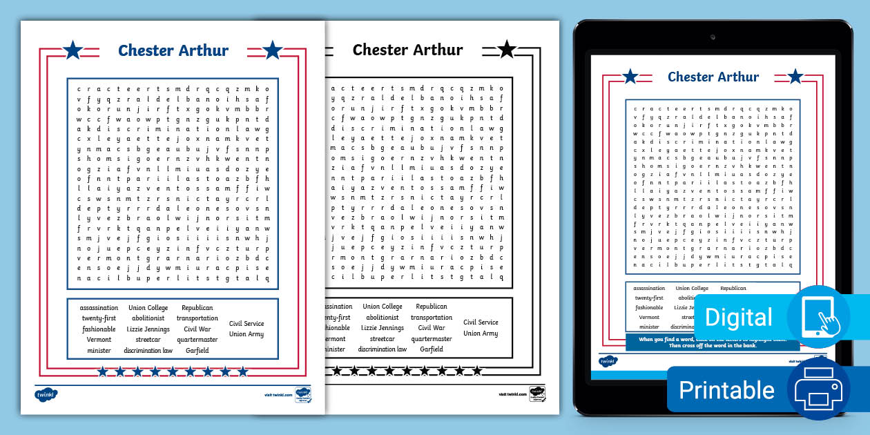 Chester A. Arthur Word Search for 6th-8th Grade - Twinkl