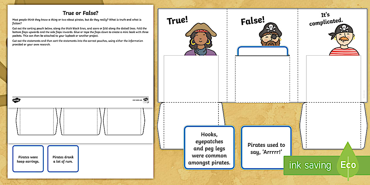 Pirates True or False Sorting Worksheet / Worksheet - Twinkl