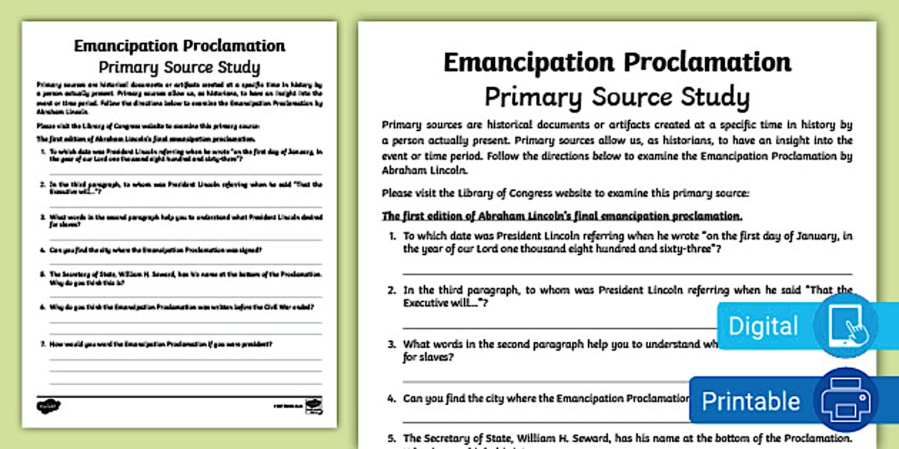 Emancipation Proclamation Primary Sources Activity - Twinkl