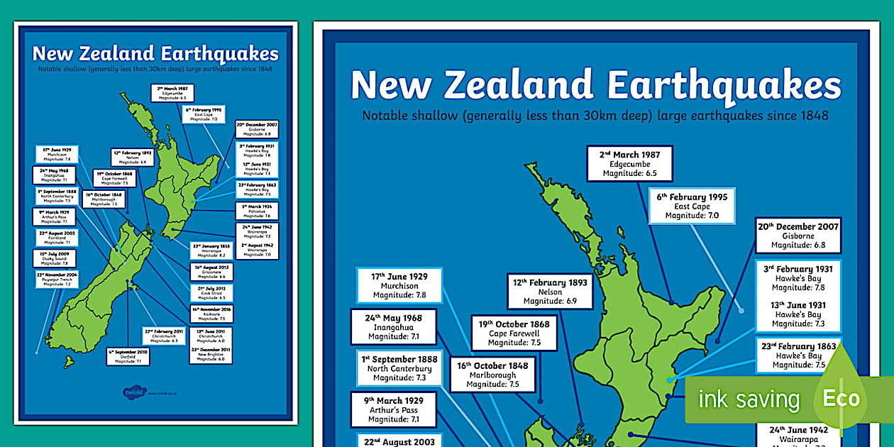 New Zealand Disasters - Large Earthquakes Map (Teacher-Made)