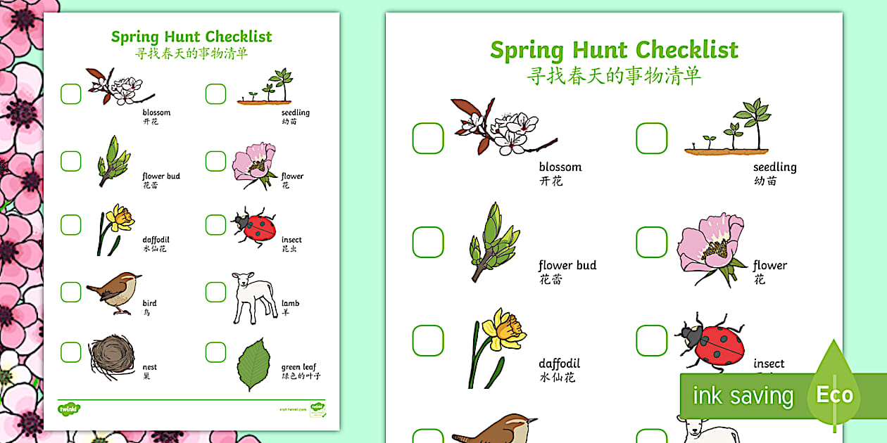Spring Hunt Checklist English/Mandarin Chinese - Twinkl
