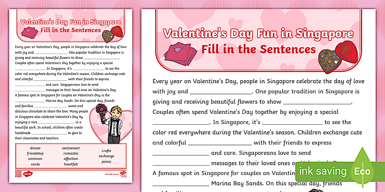 *Valentine's Day Fun in Singapore Fill the Sentences Worksheet*