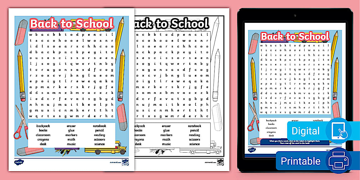 Back to School Word Search Activity for Kids | Twinkl USA