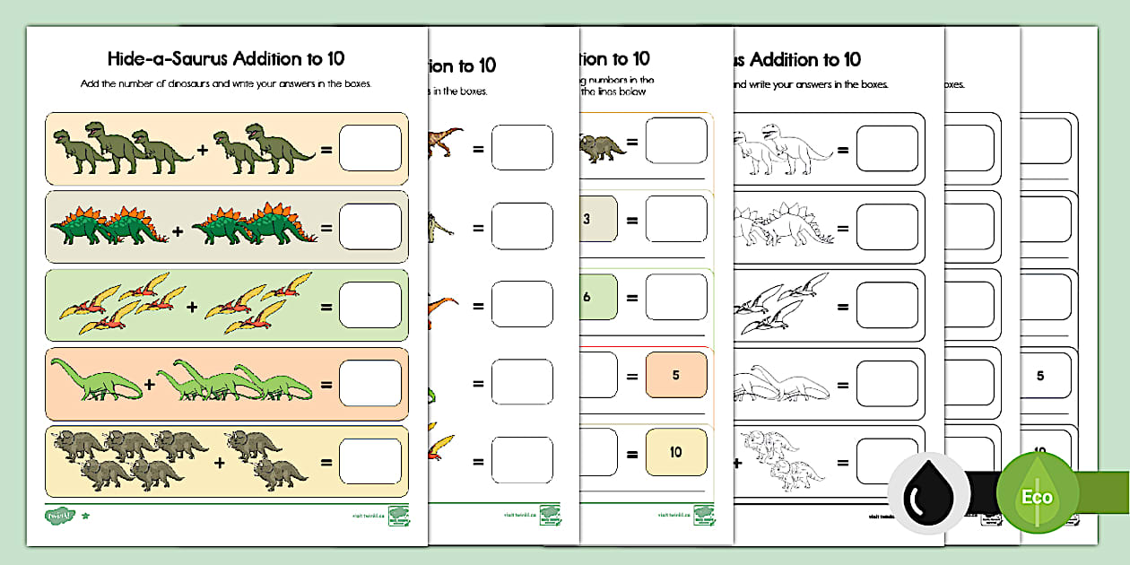 Single Digit Addition Worksheets | Dinosaurs | Grades K-3
