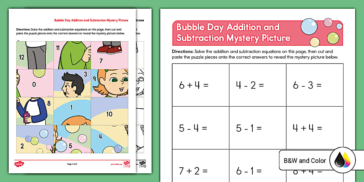 Bubble Day Addition and Subtraction Mystery Picture Worksheet